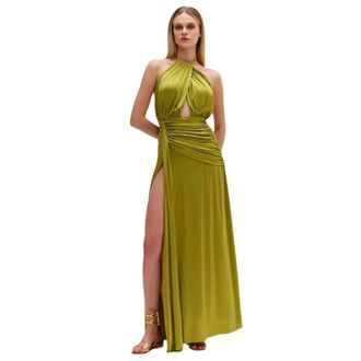 PatBo Patbo, Femme, Robes, Vert, Taille: 38 FR Robe Maxi Halterneck en Jersey Métallique avec Fente Latérale