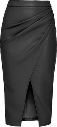 Generic Jupe midi d&eacute;contract&eacute;e en cuir synth&eacute;tique pour femme - Taille haute - Fente sur le devant - Jupe zipp&eacute;e - Tenues de vacances en plein air, Noir, L