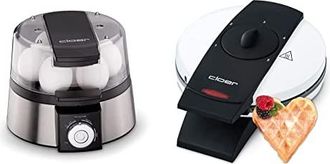 Cloer 6070 Elektronischer Eierkocher für bis zu 7 Eier, Weiterkochfunktion, 3 Pochierschalen, 435 W, Edelstahl & 1621 Waffeleisen für klassische Herzwaffeln