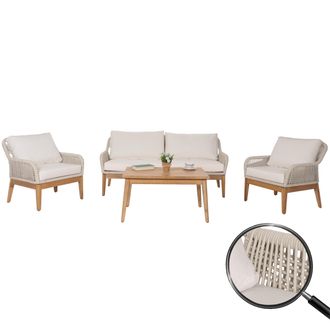 Mendler Gartengarnitur HWC-H56b, Lounge-Set Gartenlounge Sofa Sessel Tisch, Seilgeflecht Rope Holz Akazie - Creme