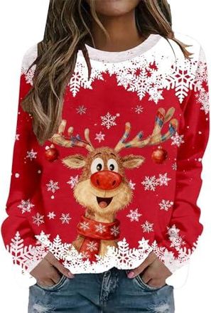 Generico Pull de No&euml;l pour Femme Dr&ocirc;le Moche Sweat-Shirt en Coton avec Impression de T&ecirc;te de Cerf &agrave; Col Rond pour Automne et Hiver D&eacute;guisement de No&euml;l Sweat-Sh