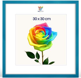 MG Design Bilderrahmen 30 x 30 cm - Posterrahmen mit T&uuml;rkis Holzrahmen (Echtholz) und bruchsicherem Acrylglas, Hoch & Quer mit stabiler Wandaufh&auml;ngung