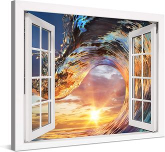 Picanova Bild auf Leinwand Wellen-Sonnenuntergang Fenster 80x60cm - Leinwandbild - Premium Leinwanddruck - Wandbild Kunstdruck Auf 2cm Holz-Keilrahmen Wohnzimm