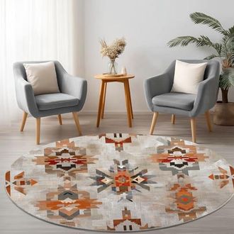 Generic Couleur Orange Tapis Rond Boh&eacute;mien - 120 cm Lavable Doux et antid&eacute;rapant Tapis, Abstrait G&eacute;om&eacute;trie Blocs De Couleur Impression pour Chambre &agrave; Coucher 