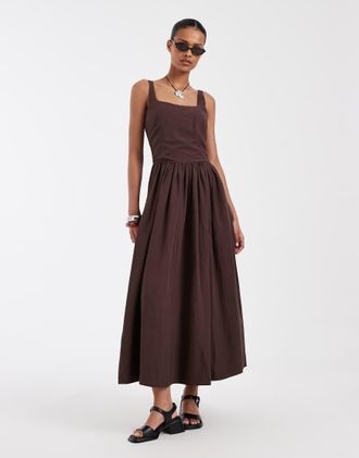 & Other Stories Midikleid in Braun mit Korsettdetail und bauschigem Rock