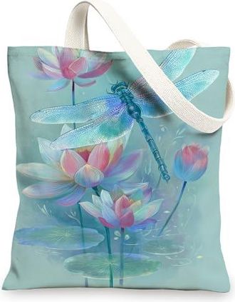 Generic Sacs fourre-tout en toile avec motif floral libellule - Réutilisables - Légers et lavables - Pour voyage, plage, pique-nique - 33 x 38 cm