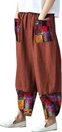 Onsoyours Pantalon Lin Femme Imprimé Harem Pantalon 7/8 Taille Haute Elastique Pantalon Été Sport Pants de Plage avec Poche A Orange L