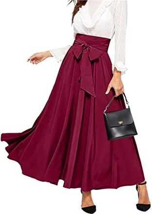 Minetom Jupe Longue Femme Taille Haute Jupe avec Noeud Papillon Couleur Unie A-Ligne Maxi Jupe De Mariage Cocktail A Rouge XL