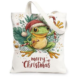 Generic Sacs fourre-tout en toile motif amphibien de No&euml;l, sacs d&eacute;picerie r&eacute;utilisables, l&eacute;gers et lavables, blanc, 13x15 Inch