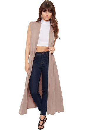 WearAll Damen Lang Maxi Geöffnet Ärmellos Top Jacke Kragen Ebene Strickjacke - Mokka - 36-38