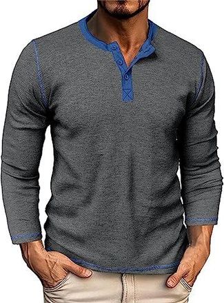 Generic Chemise Henley vintage à manches longues pour homme avec boutons gaufrés, T-shirts Henley, polo de golf, tennis, t-shirt de gym, chemise à manches lon