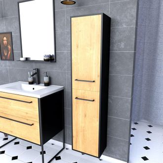 Aurlane Aurlane - colonne de salle de bain noir mat 30x35x150cm 2 portes ch&ecirc;ne naturel poign&eacute;es noir mat - structura