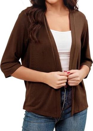 Generic Veste &agrave; manches courtes pliss&eacute;e l&eacute;g&egrave;re ouverte sur le devant, manches trois-quarts d&eacute;contract&eacute;e en tricot doux, caf&eacute;, XXL