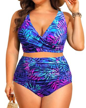 Holipick Zweiteiliger Badeanzug in &Uuml;bergr&ouml;&szlig;e f&uuml;r Damen, hohe Taille, Bikini, Bauchkontrolle, Badeanz&uuml;ge, Twist-Front-Badebekleidung, Blaue Bl&auml;tter, 22 Plus