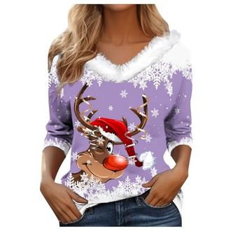 Generic Sweat-shirt de Noël pour femme - Haut en fourrure - Col en V - Manches 3/4 - Motif arbre de Noël - Renne - Imprimé graphique - Pull de vacances décont