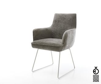 DELIFE Esszimmerstuhl Heira-Flex mit Armlehnen Boucl&eacute; Soft Schlamm Kufengestell Edelstahl Taschenfederkern, Esszimmerst&uuml;hle