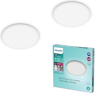 Philips LED Badezimmer Deckenleuchte Superslim (15 W), 3 Lichteinstellungen, kaltwei&szlig; Licht, dimmen ohne Dimmer, IP44 Schutz, wei&szlig;, 25cm, 2er Pack