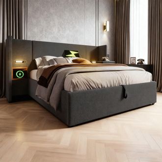 Generic Polsterbett 160x200 cm mit Nachttisch & Leselampe - Grau Leinen mit USB-C, Stauraum & Massivholzlattenrost - Bettanlage ohne Matratze