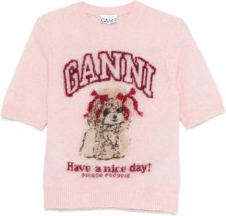 Ganni Alpaka Grafik Strick-T-Shirt - - Knitwear - Damen - Rosa - M
