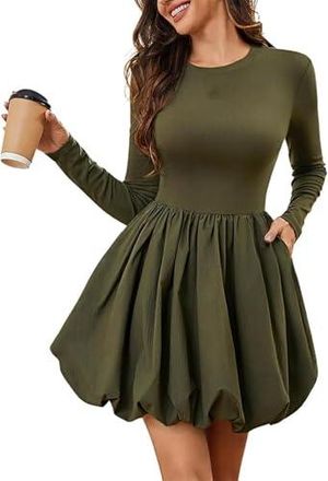 Generic Robe &agrave; manches longues pour femme, col rond, taille haute, mini robe de cocktail avec poches, tenue danniversaire, Vert, M