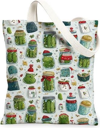 Generic Sacs fourre-tout en toile &agrave; motif cornichons, sacs d&eacute;picerie r&eacute;utilisables, l&eacute;gers et lavables pour les vacances, lext&eacute;rieur, vert, 13x15 Inch