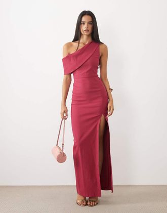 Vesper robe longue drap&eacute;e &agrave; &eacute;paules d&eacute;nud&eacute;es en bengaline framboise-Rose