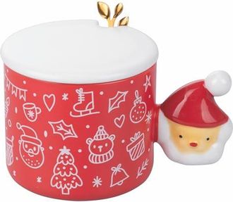 Villa D'Este Home Tivoli Tasse mit Deckel 350 ml Porzellan Griff Design Weihnachtsmann Löffel Edelstahl Xmas