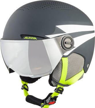 Alpina ZUPO Visor Q-LITE - hochwertiger & sicherer Skihelm f&uuml;r Kinder, mit abnehmbaren Ohrenpolstern, mit kontrastverst&auml;rkendem Visier - Charcoal-neon matt -