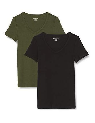 Amazon Essentials T-Shirt Col en v à Manches Courtes Coupe Ajustée Femme, Lot de 2, Olive Foncé/Noir, XL