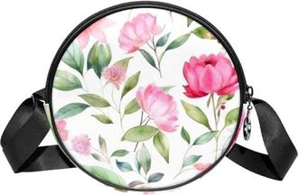 Generic Petit sac &agrave; bandouli&egrave;re circulaire pour femme, motif feuilles florales, sac &agrave; dos avec fermeture &eacute;clair, bretelles r&eacute;glables, sac &agrave; main rond d&eacute;contra