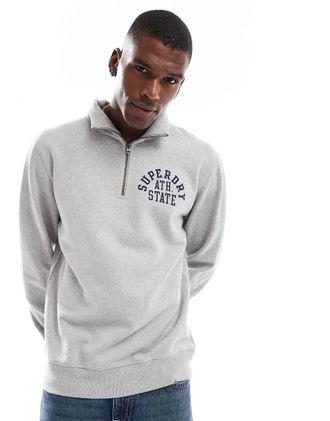 Superdry Athletic Essentials - Sweatshirt in meliertem Grau mit kurzem Reißverschluss