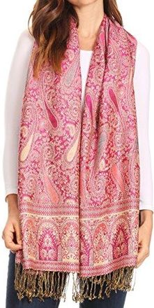 Sakkas 16125 - Kalin Long Wide Woven Patterned Fringe Tassel Pashmina Shawl/Écharpe - Rouge/Beige - OS