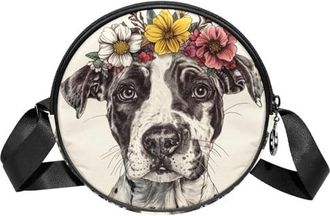 Generic Petit sac &agrave; bandouli&egrave;re rond pour femme, motif fleurs de chien, sac &agrave; dos avec fermeture &eacute;clair, bretelles r&eacute;glables, sac &agrave; main rond d&eacute;contract&eacute; pour