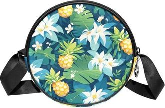 Generic Petit sac &agrave; bandouli&egrave;re rond pour femme, motif ananas avec fermeture &eacute;clair, bretelles r&eacute;glables, sac &agrave; main rond d&eacute;contract&eacute; pour femmes et filles