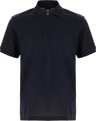 HUGO BOSS Homme, Tops, Bleu, Taille: 2XL Polo en m&eacute;lange de coton avec patte zipp&eacute;e
