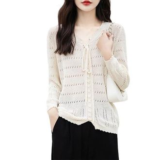 Generic Pull pour femme 100 % coton avec col en dentelle ajour&eacute; avec corde, pull fin tricot&eacute; chaud, Beige, XL