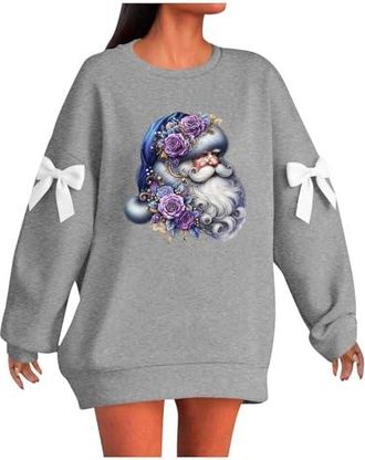 Generic Pull de Noël tendance décontracté surdimensionné à manches longues avec noeud papillon mignon pour femme, imprimé arbre de Noël pailleté, flocon de ne
