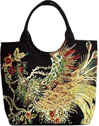 Generic Mode femmes sac &agrave; bandouli&egrave;re paon broderie toile sac &agrave; bandouli&egrave;re d&eacute;contract&eacute; dames perles pendentif capacit&eacute; sacs &agrave; main (noir)