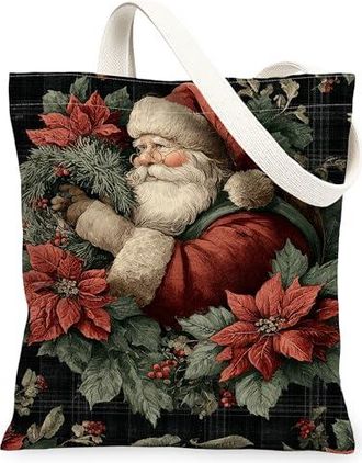 Generic Sac fourre-tout vintage en toile, motif floral festif, sac de courses r&eacute;utilisable, l&eacute;ger et lavable, sac en toile pour vacances, voyage, 33 x 38 cm