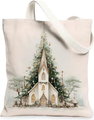 Generic Sacs fourre-tout en toile motif &eacute;glise de No&euml;l vintage, l&eacute;gers, lavables et r&eacute;utilisables pour les vacances, les voyages, le shopping, P&ecirc;che clair., 1
