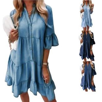 Generic Alltoright Robe Alltoright pour femme avec col en V et volants - Imprim&eacute; effet denim - Manches mi-longues, bleu jean, 3XL