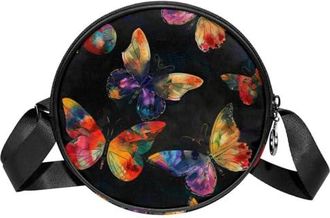 Generic Sac &agrave; bandouli&egrave;re rond pour femme, motif papillons aquarelle, petit sac &agrave; bandouli&egrave;re avec fermeture &eacute;clair, bretelles r&eacute;glables, sac &agrave; main rond d&eacute;co