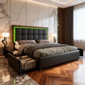Generic Polsterbett 140x200 cm mit LED-Beleuchtung & h&ouml;henverstellbarem Kopfteil - PU Schwarz mit 4 Schubladen - Funktionsbett ohne Matratze