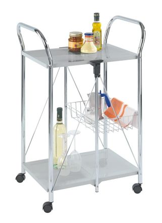 WENKO 900060100 Beistell- und K&uuml;chenwagen Sunny - zusammenklappbar, Ablagekorb, Chrom, 60 x 90 x 44 cm, silber