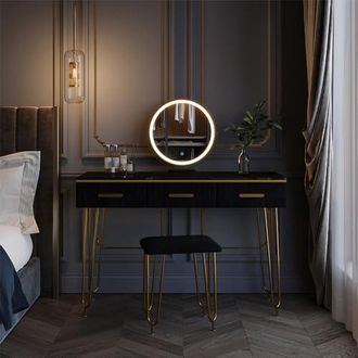 Vicco Coiffeuse Layla, Noir Haute Brillance, 100 cm avec Miroir LED et Tabouret