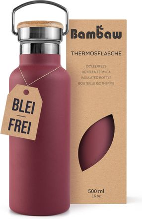Bambaw Thermosflasche 500ml, Trinkflasche Rot, Edelstahl Trinkflasche, Flasche 500ml, Fahrrad Thermosflasche - Kirschrot