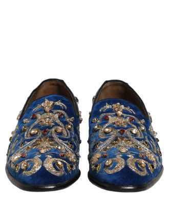 Dolce & Gabbana Mens Blue Velvet Embellished Dress Loafers Shoes Leather