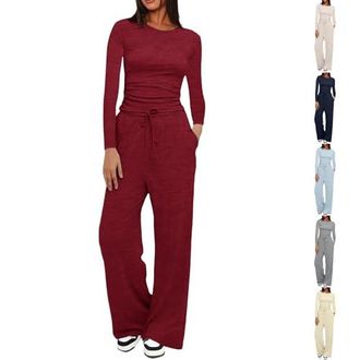 Generic Pyjama long pour femme - Ensemble de jogging 2 pi&egrave;ces - Ensemble de pyjama pour femme - Ensemble de v&ecirc;tements de sport en coton - Couleur unie - V&ecirc;tem