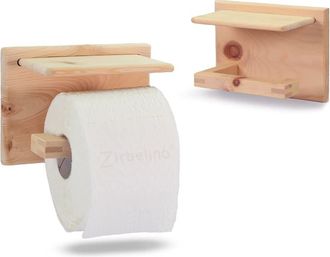Zirbelino Toilettenpapierhalter aus Zirbenholz - ohne Bohren - Selbstklebender Klopapierhalter mit Ablage - Klorollen Halterung f&uuml;r Bad/WC