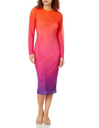 The Drop Midikleid f&uuml;r Damen, Gene Mesh Langarm Offener R&uuml;cken, Orange/Rosa/Violett Ombr&eacute;, S